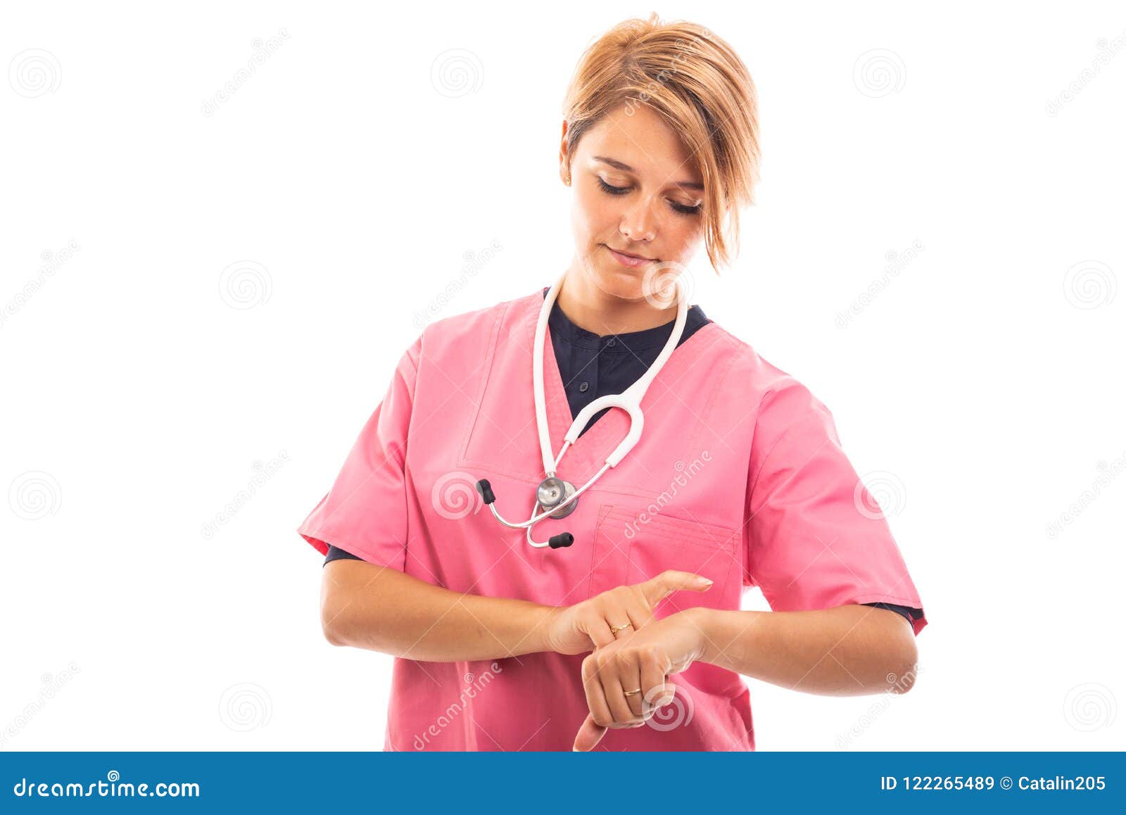 Female Vet Wearing Pink Scrub Pointing Wrist Watch Like Late Gesture ... Female Vet Wearing Pink Scrub Pointing Wrist Watch Like Late Gesture ...