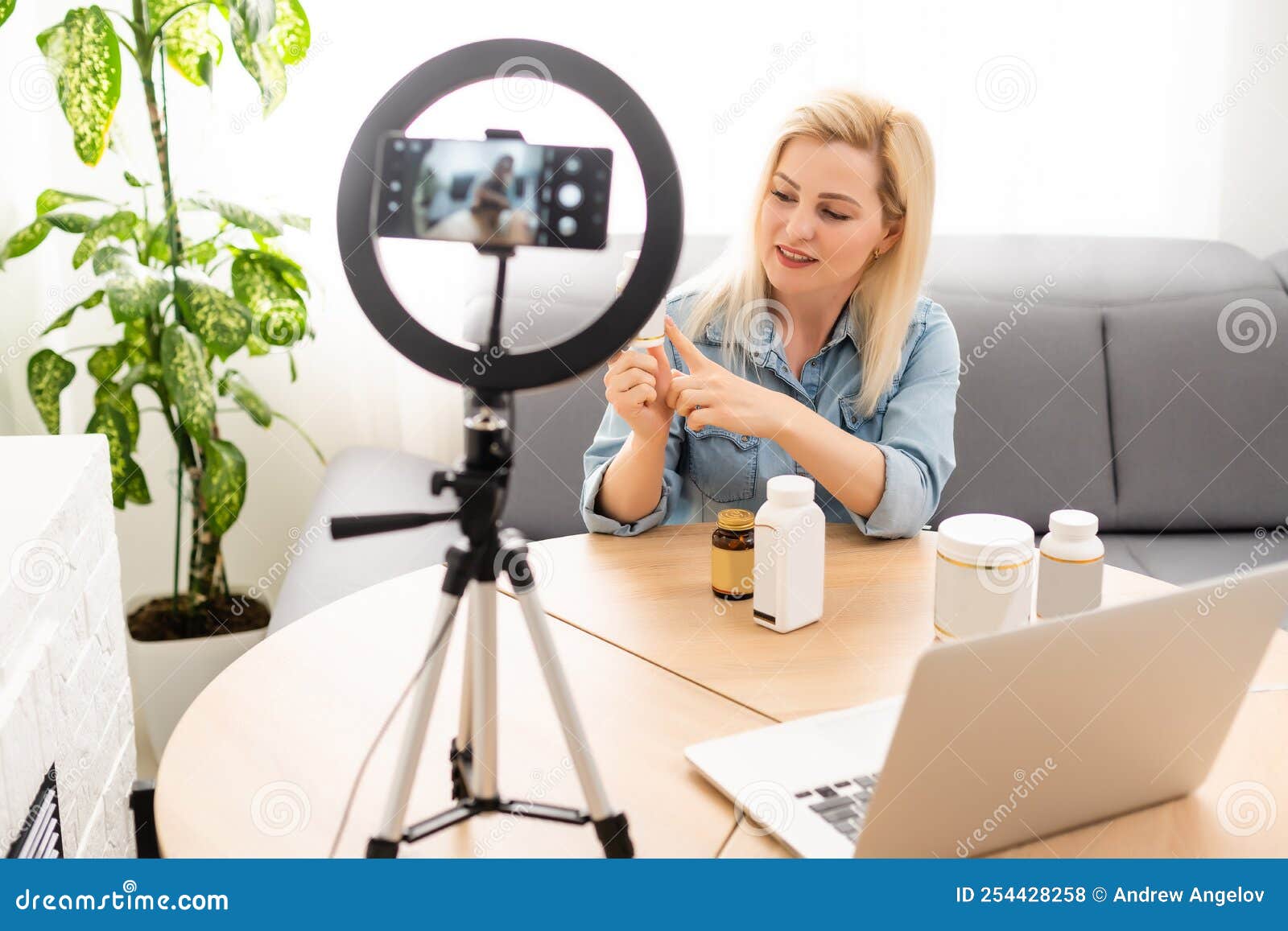 Female Vlogger Recording Broadcast at Home Stock Photo - Image of ...