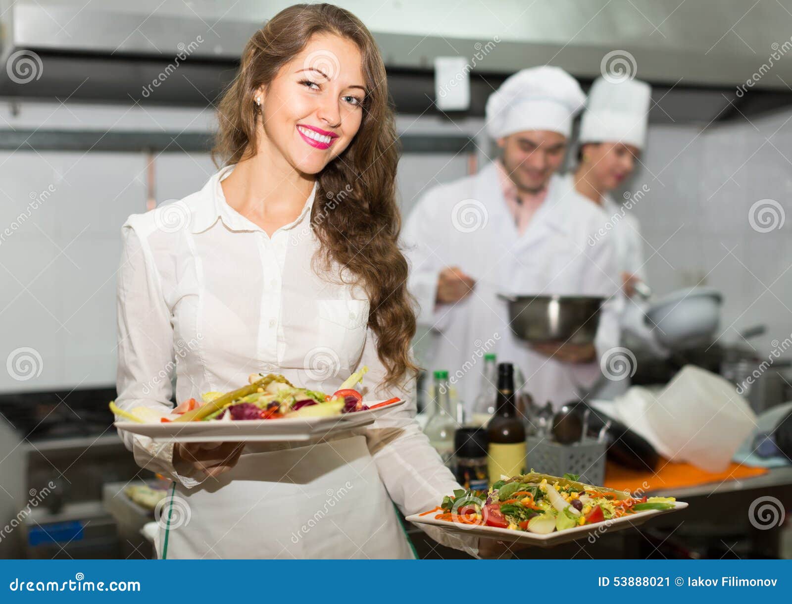 Female Waiter Taking Dish at Kitchen Stock Image - Image of meal ...