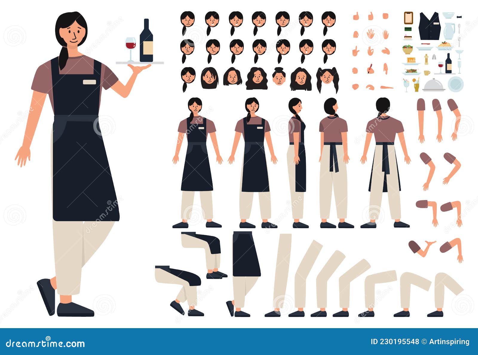 Female Waitress Concept Constructor Set. Restaurant Staff in the ...