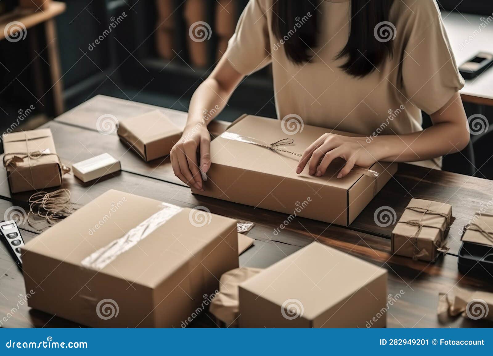 A Female Warehouse Worker Preparing Packages and Packing Boxes for ...