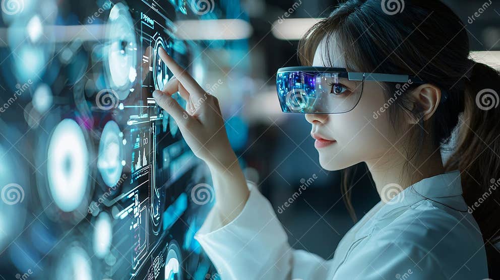 The Female Wearer Interacts with the Digital Interface Using Futuristic ...