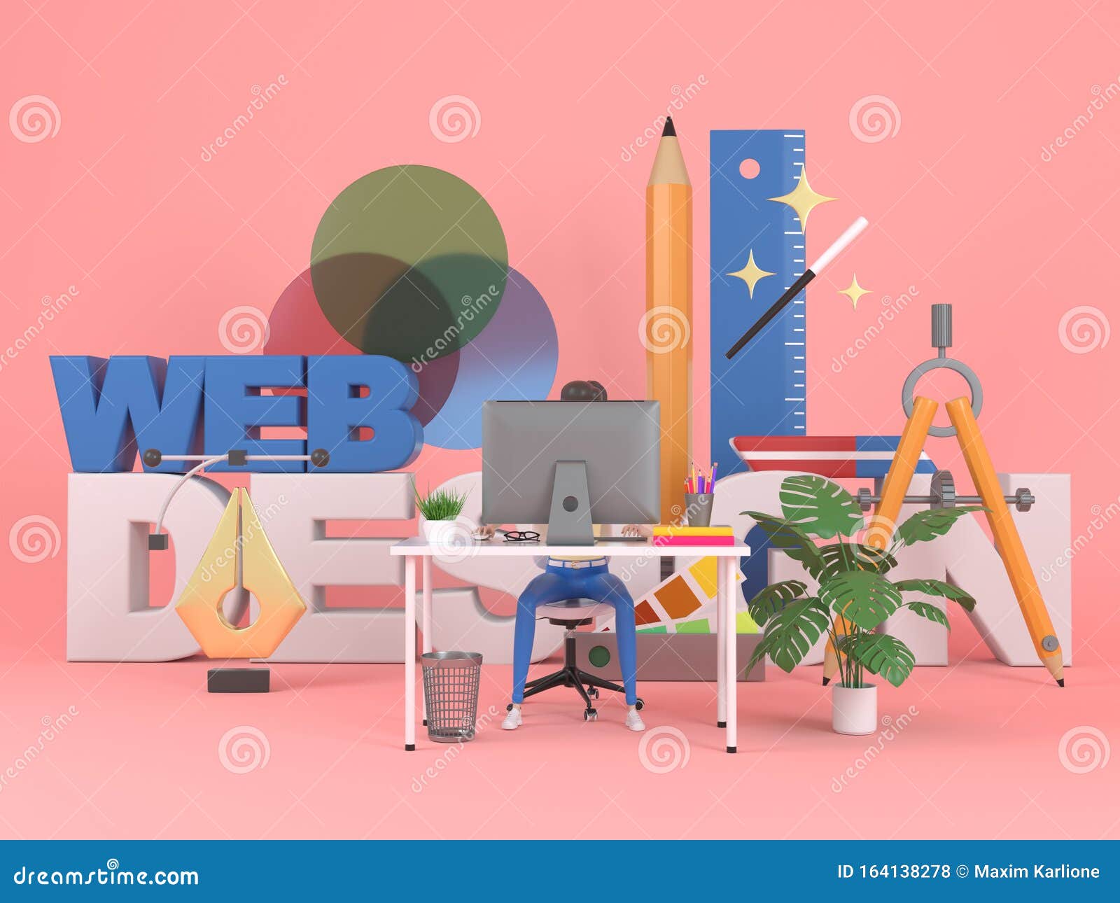 Female Web Interface Developer Sitting at a Table on Pink Background ...