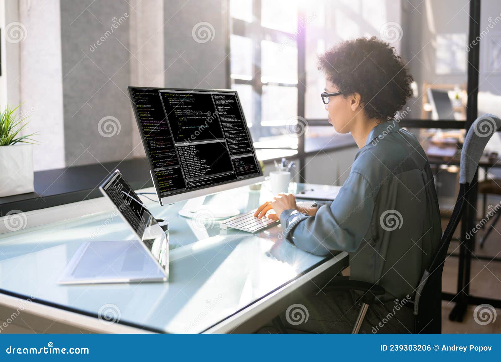 Female Web Programmer Coding on Computer Stock Photo - Image of black ...