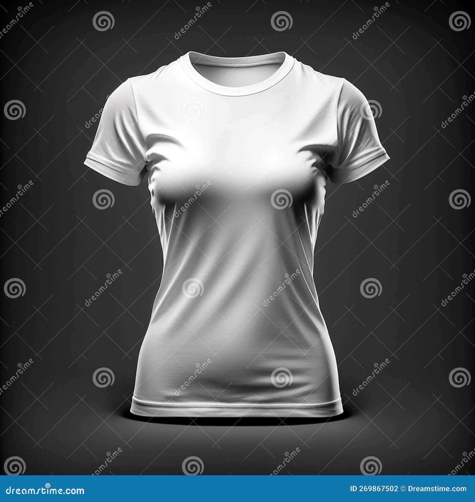 Female White T Shirt Mockup Front View On Dark Background Shape Of The