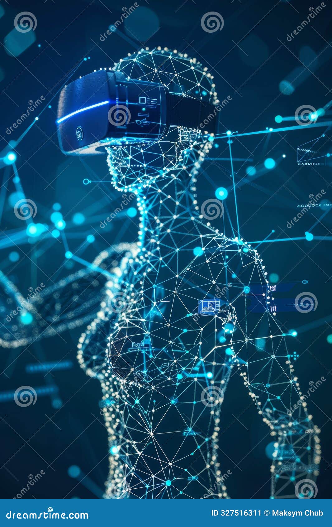 Female Wireframe Model Wearing VR Headset in Network Environment ...