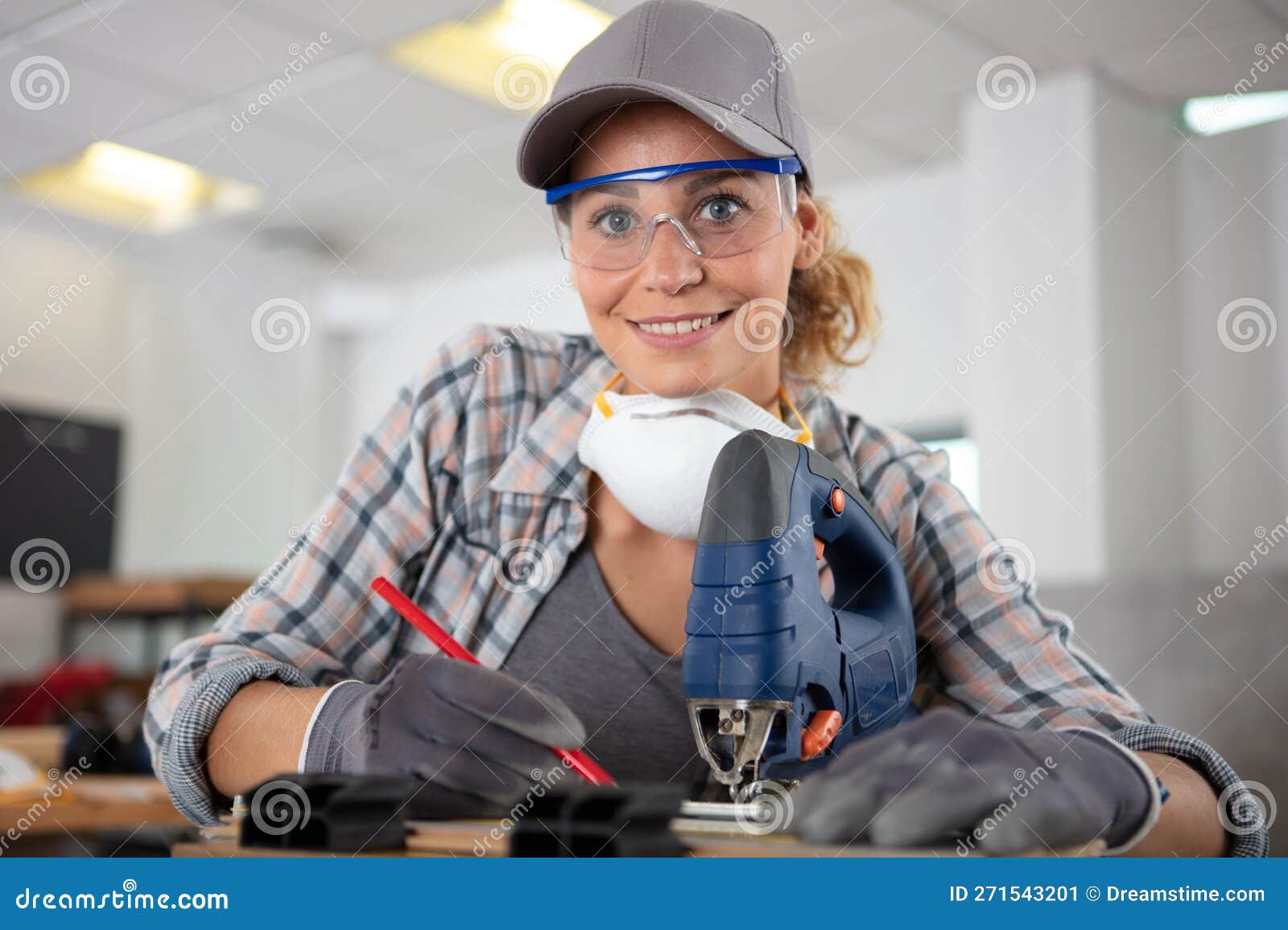 Female Woodworker Posing Smiling in Workshop Stock Image - Image of ...