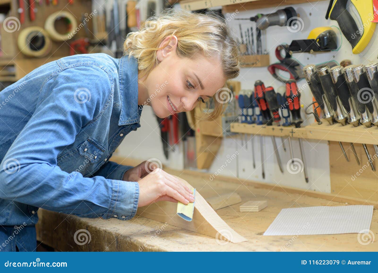 Female Woodworker Wood Sanding Stock Image - Image of woodland, wood ...