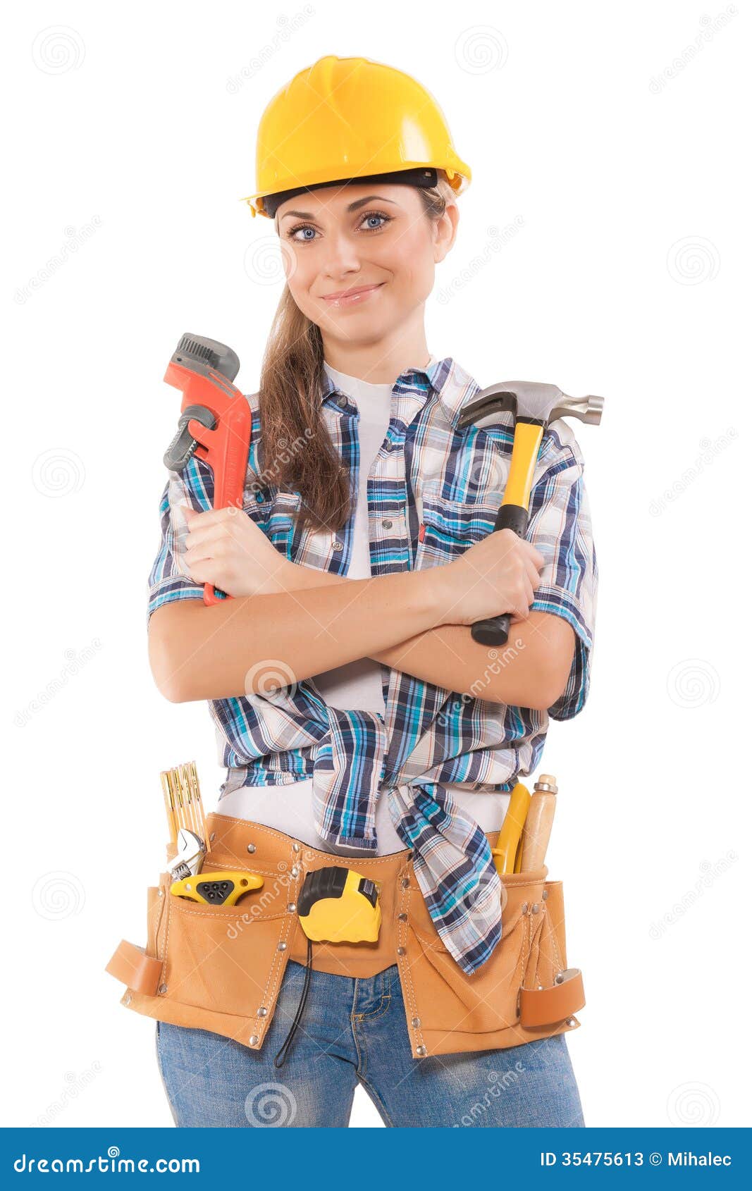 Female Worker Holding Tools Stock Image - Image of contractor, isolated ...