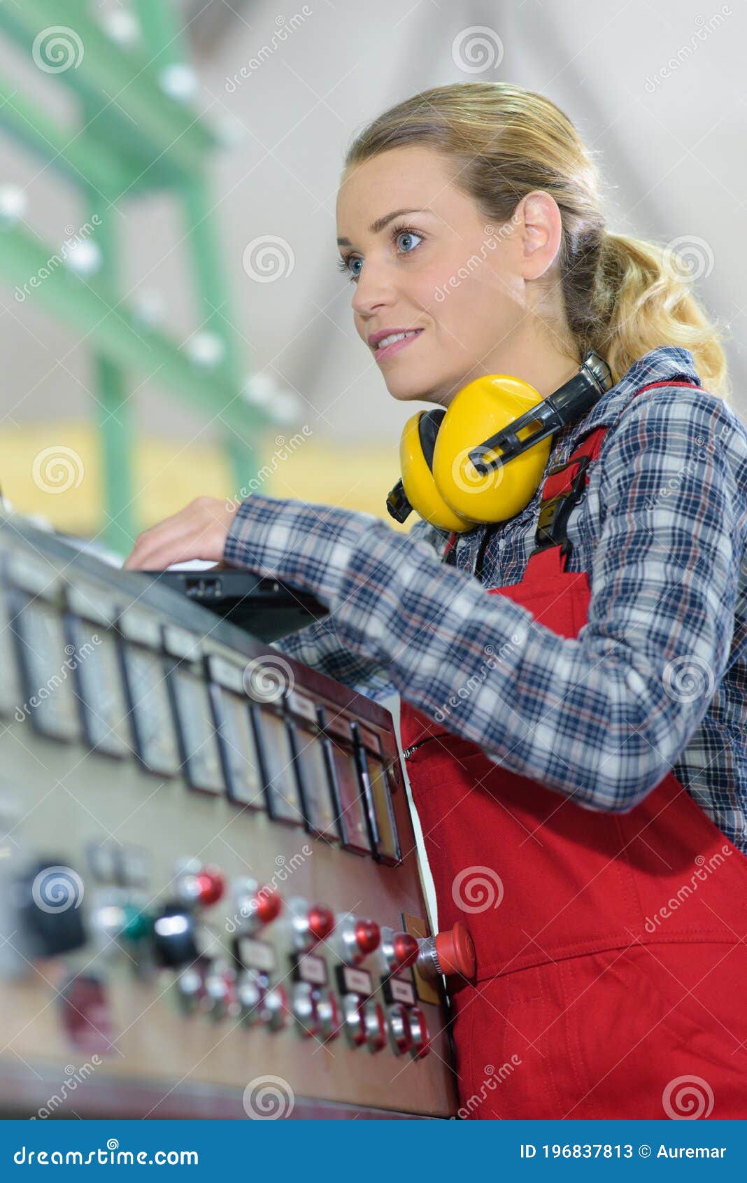 Female Worker Operating Machine in Factory Stock Image - Image of ...