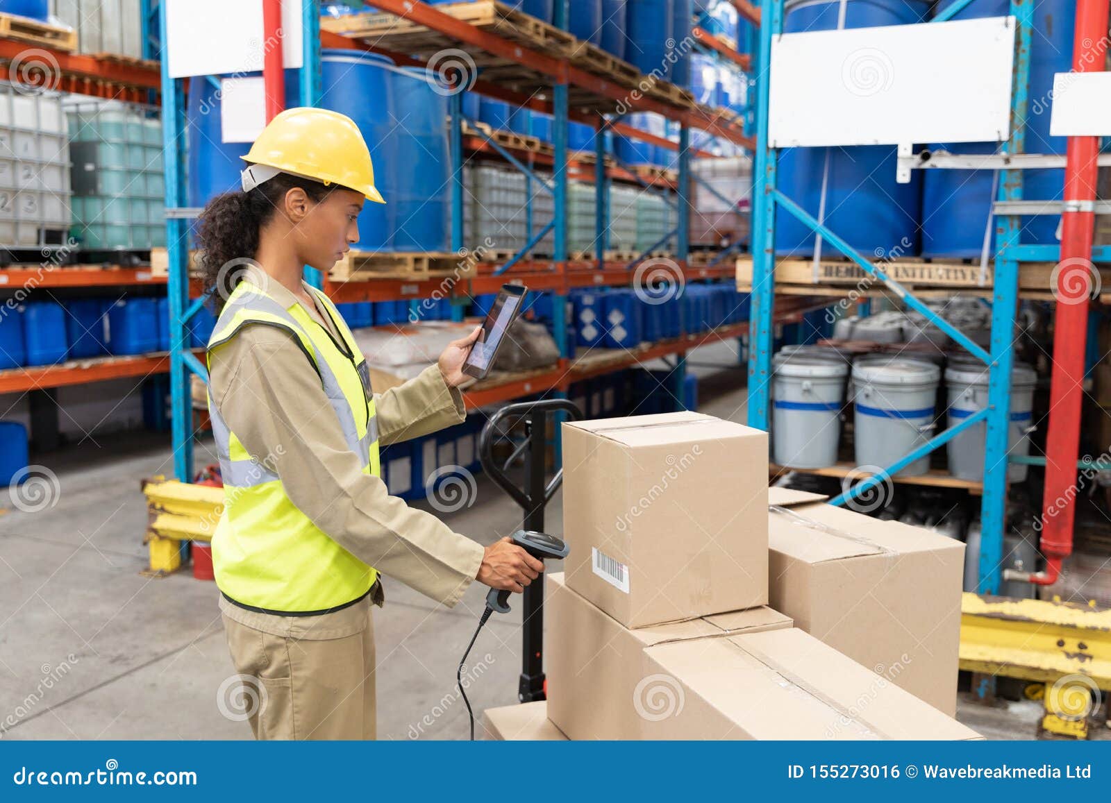Female Worker Scanning Package with Barcode Scanner while Using Digital ...