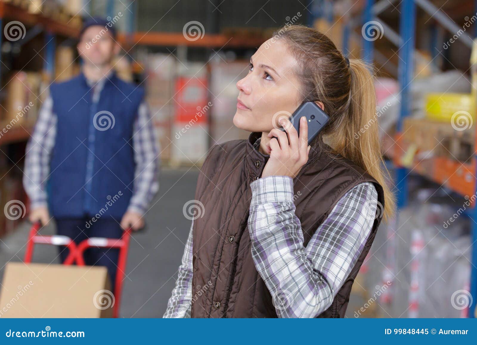 Female Worker Using Phone in Warehouse Stock Image - Image of ...