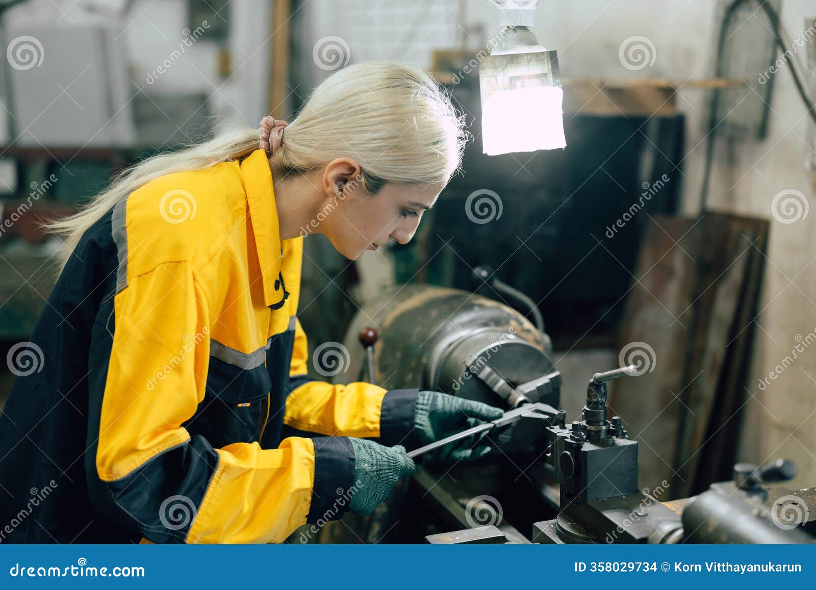 Female Worker Using Vernier Caliper Measuring Metal Part in Lathe ...