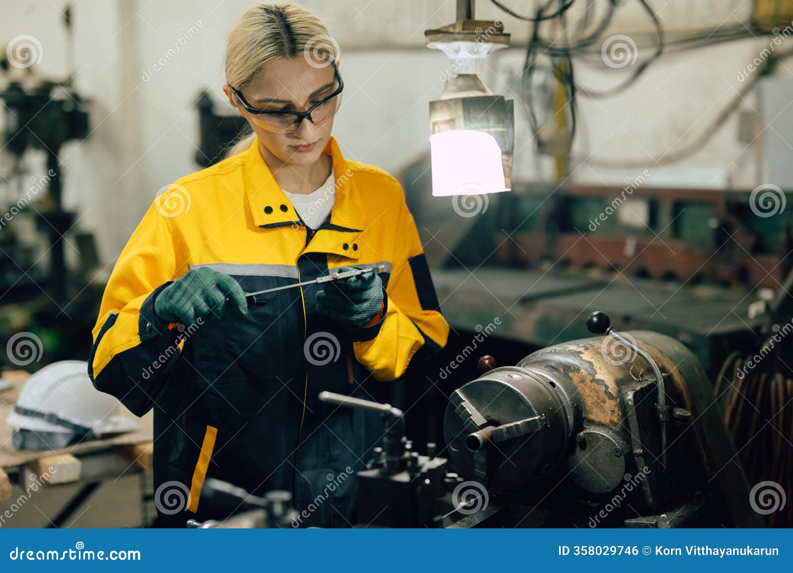 Female Worker Using Vernier Caliper Measuring Metal Part in Lathe ...