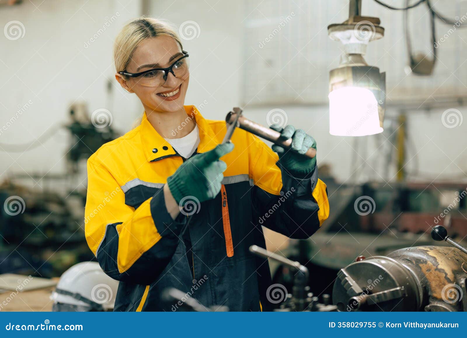 Female Worker Using Vernier Caliper Measuring Metal Part in Lathe ...