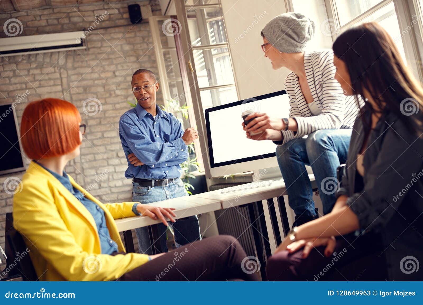Female Working Group Talking with Manager Stock Image - Image of ...