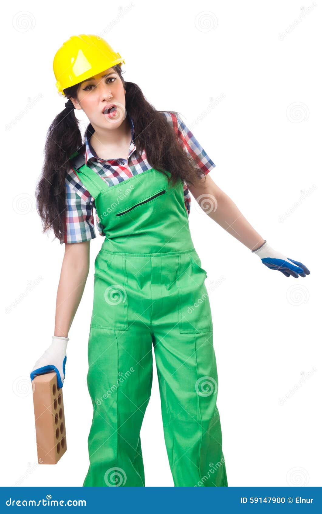 Female Workman in Green Overalls Holding Brick Stock Photo - Image of ...