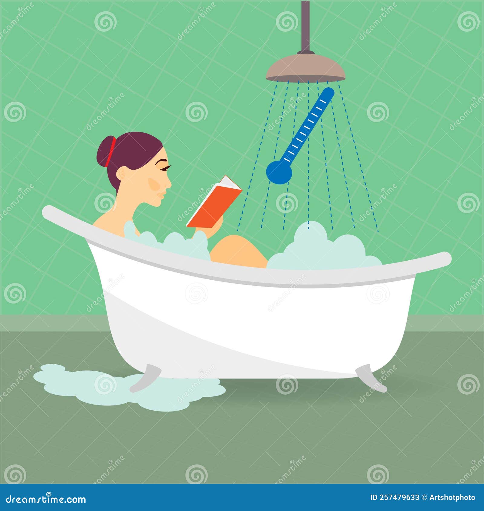 Woman in Bath Tub with Shower and Thermometer, Shower Temperature ...