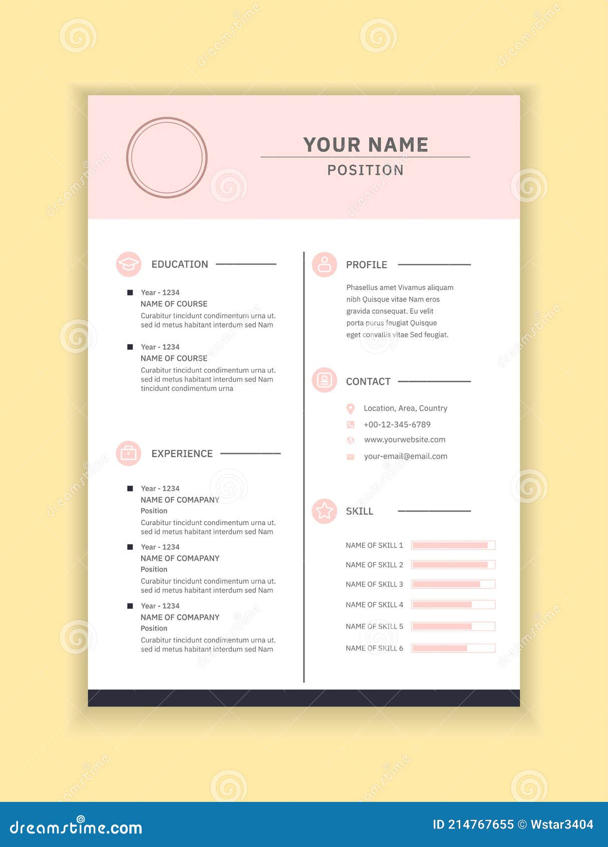 Feminine Cv Resume Template In Pink Color Stock Vector Illustration
