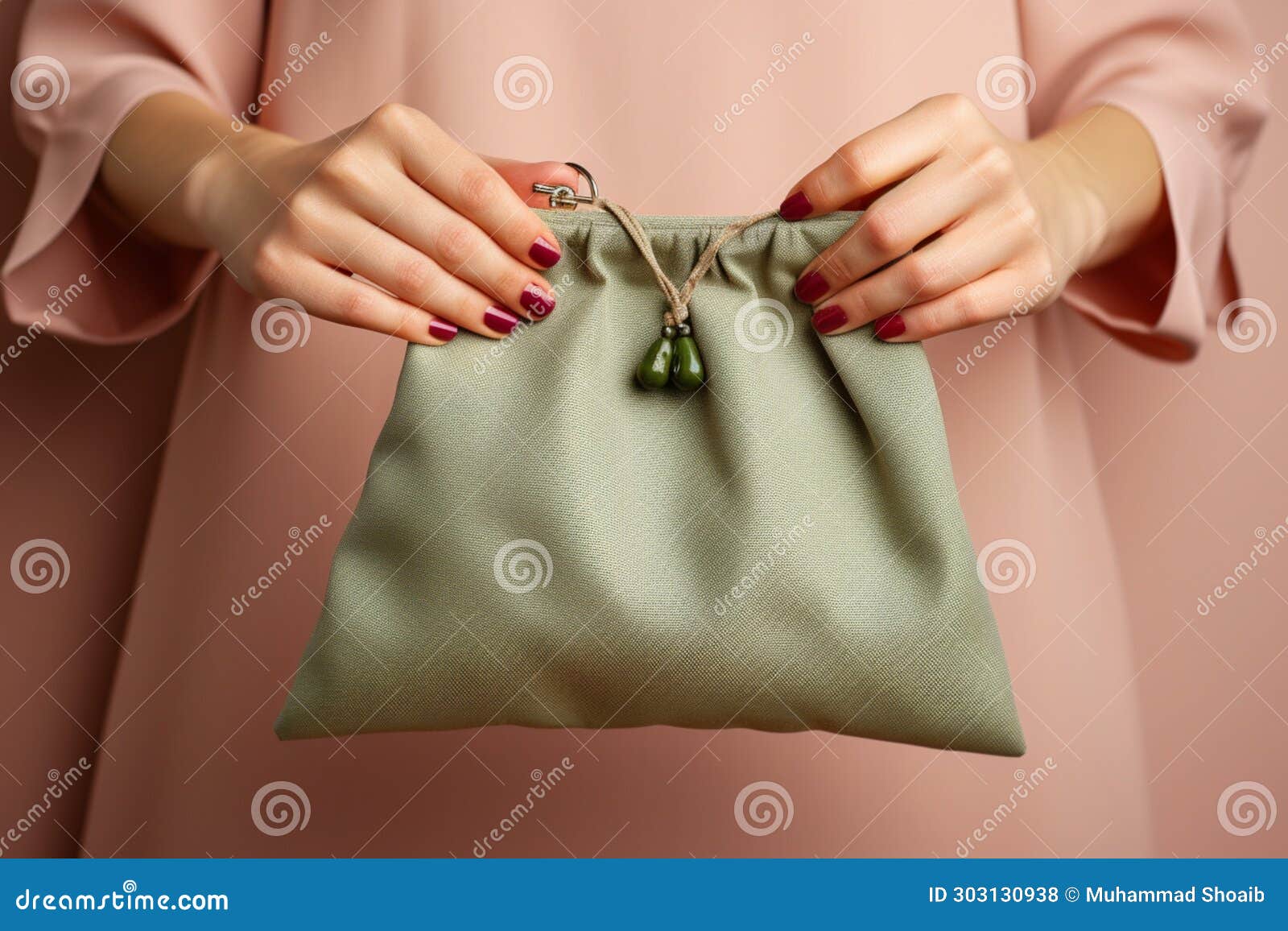 Feminine Hand Clutches Canvas Bag, Symbolizing Support on Beige ...