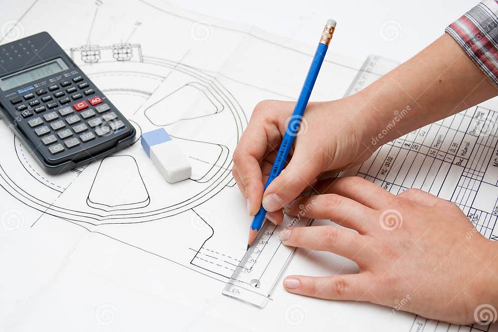 Feminine Hand Working on Design Plans Stock Photo - Image of interior ...