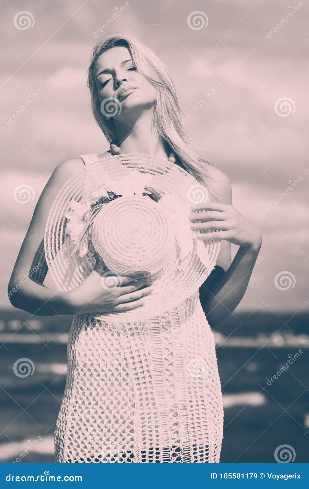 Beautiful Woman Wearing White Dress Sky Background Stock Image Image