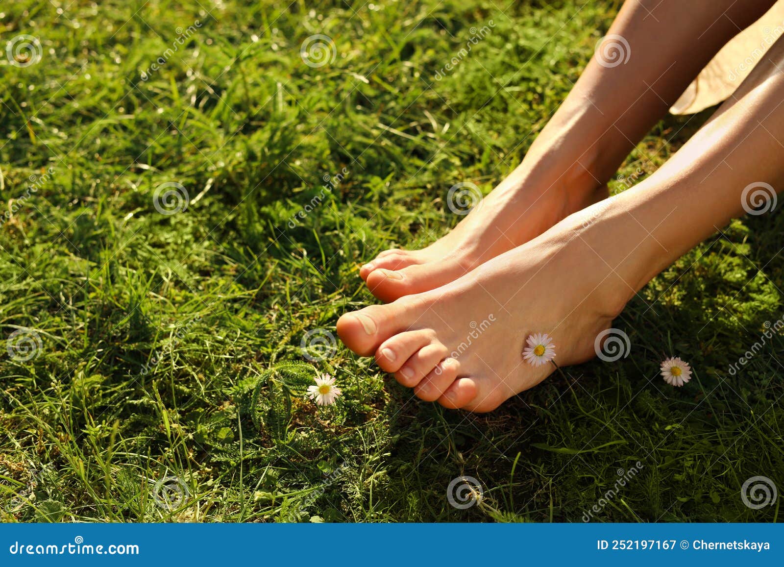 Femme Assise Pieds Nus Sur Herbe Verte En Plein Air Closeuseuse Espace