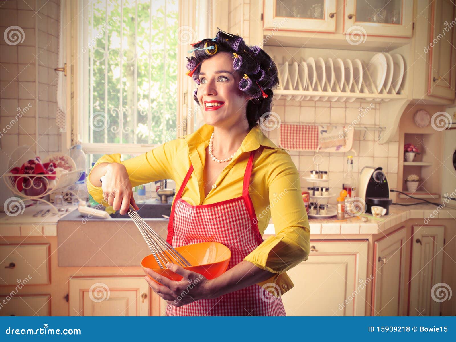 Femme au foyer heureuse photo stock. Image of jeune, nourriture - 15939218