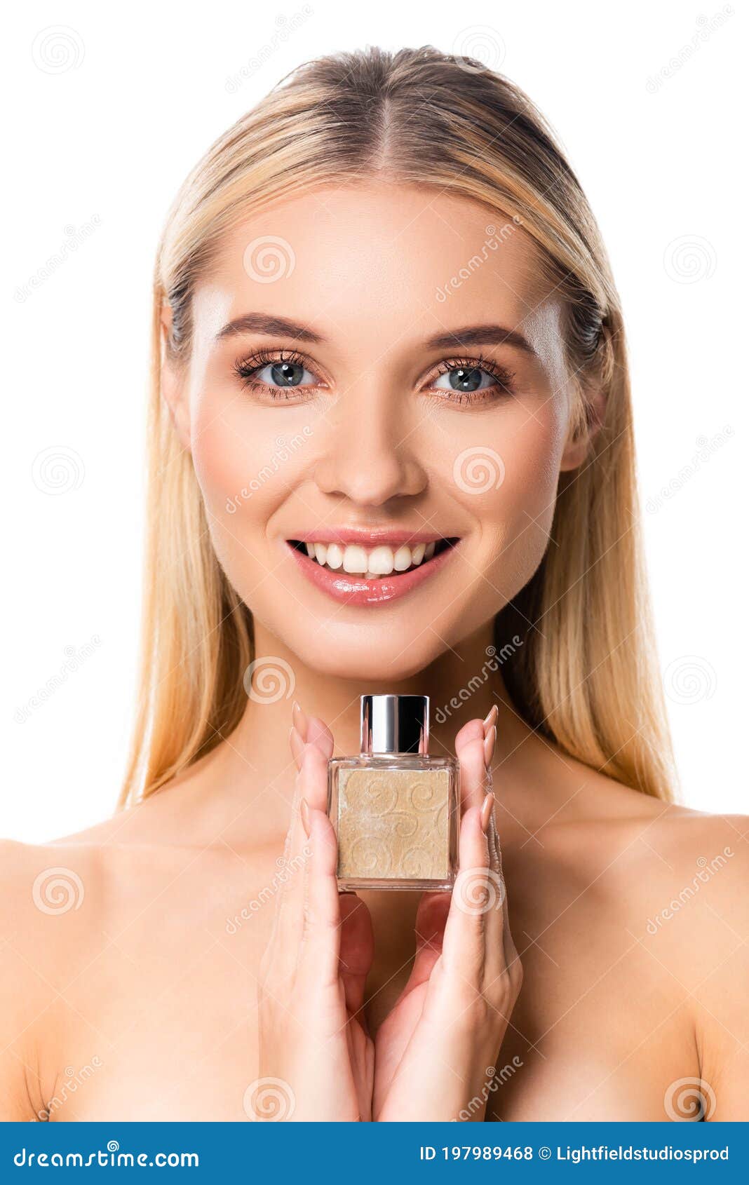 Femme Heureuse Nue Blonde Avec Le Parfum Du Blanc Photo Stock Image