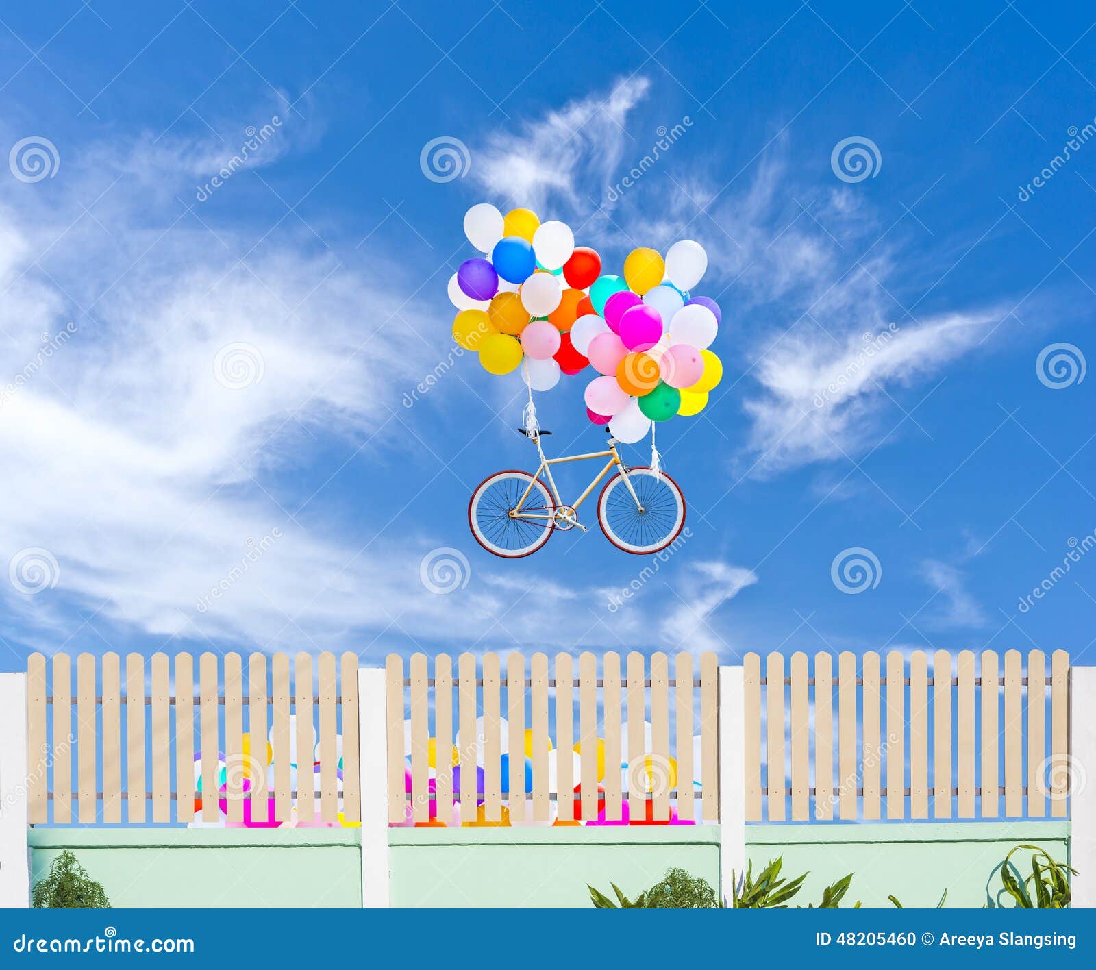 Fence and Balloons on Blue Sky Stock Photo - Image of defense, property ...