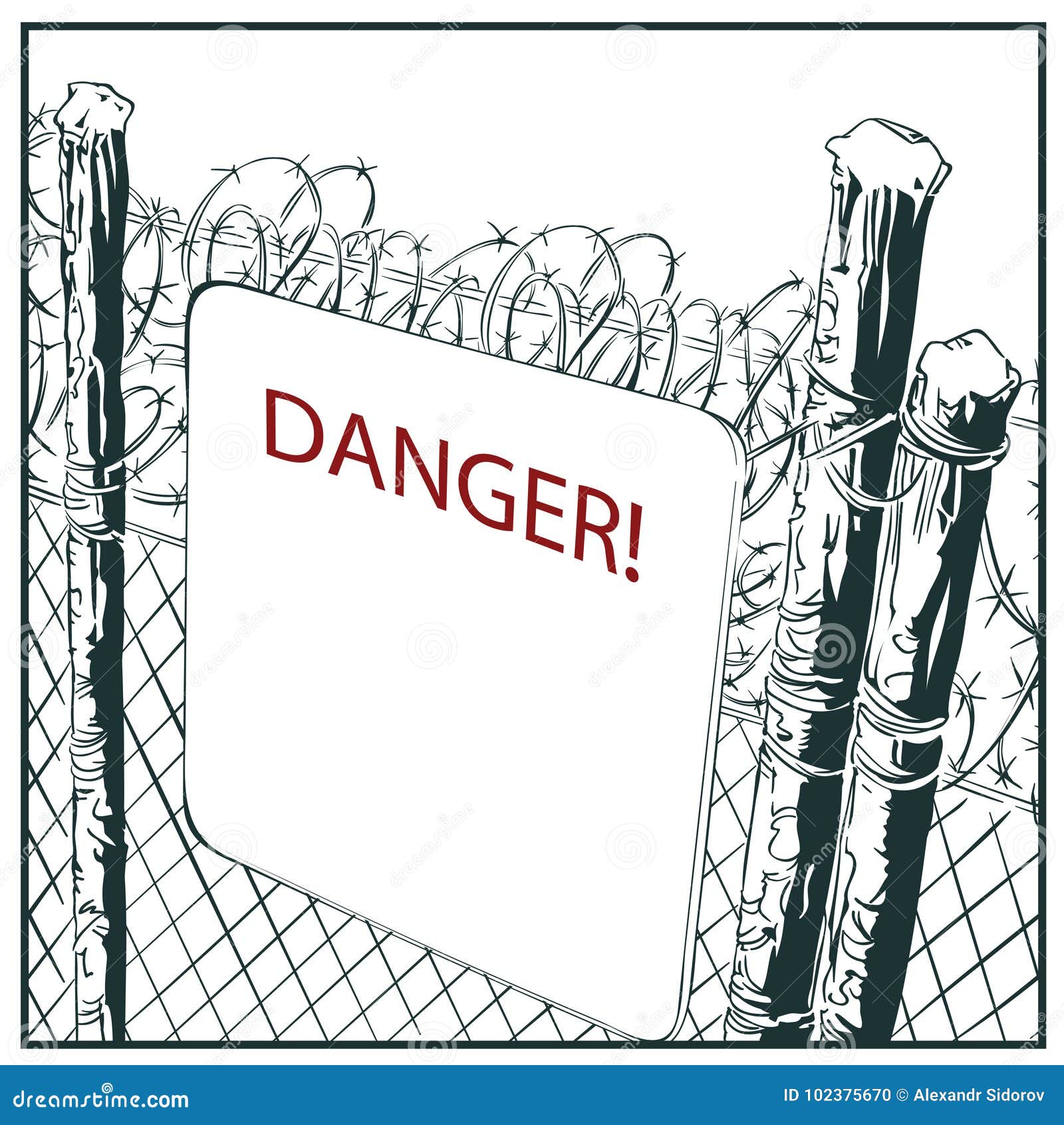 Fence with Barbed Wire and Warning Sign. Stock Vector - Illustration of ...