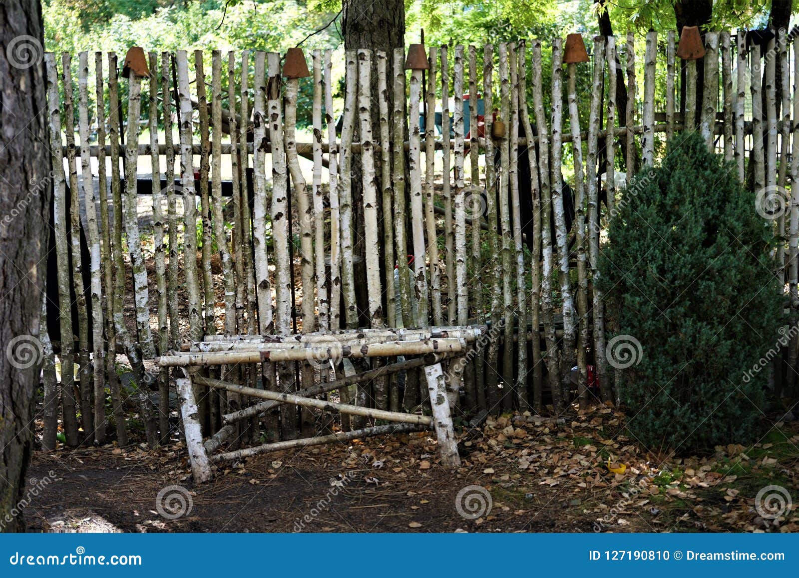 Fence and Bench Made of Birch Trunks Stock Photo - Image of plant ...