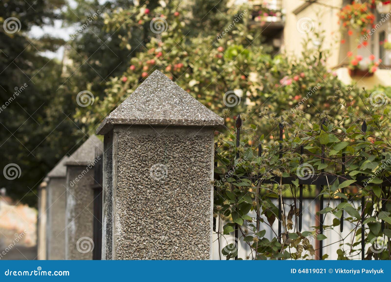 Fence and concrete pillars stock image. Image of entrance - 64819021
