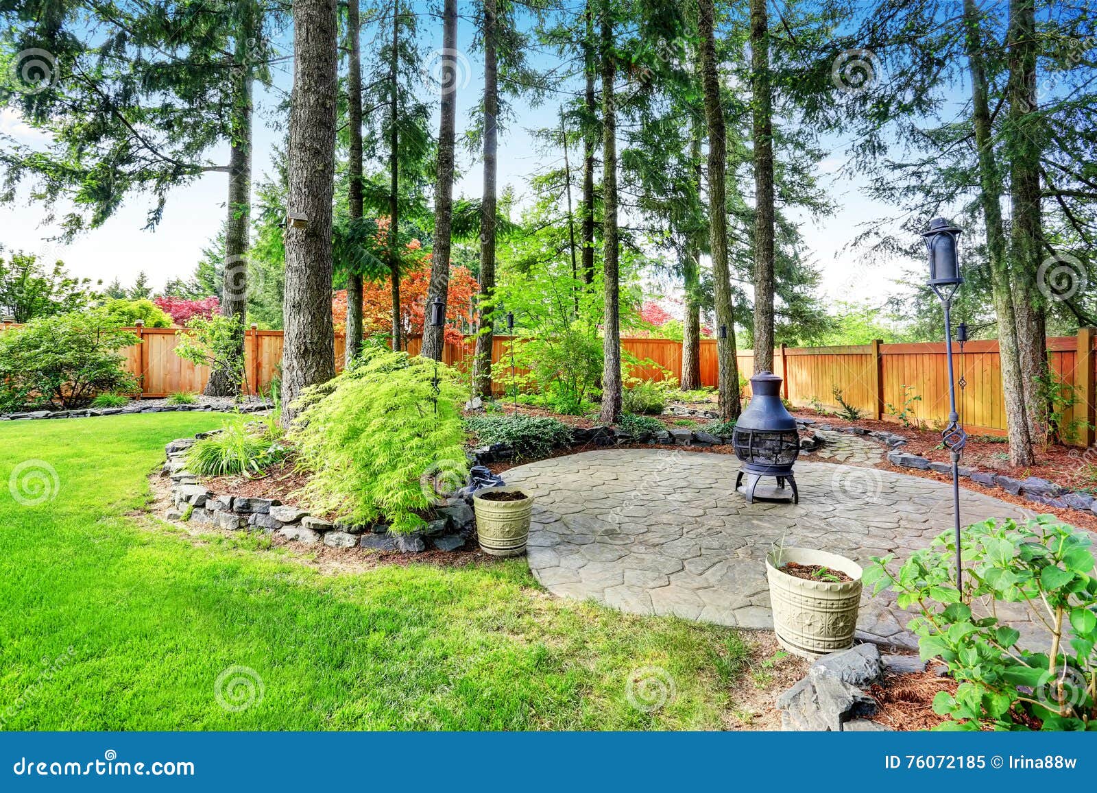 Fenced Back Yard with Well Kept Garden. Stock Image - Image of door ...