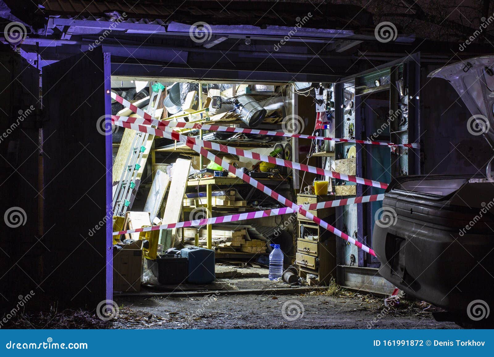 Fenced Garage at the Crime Scene, Background Blurred with Bokeh Effect ...