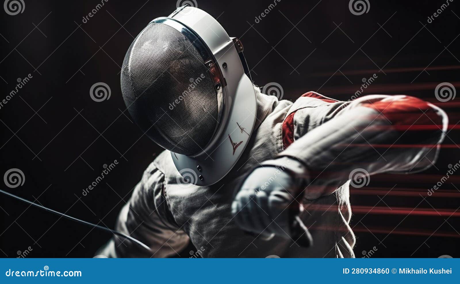 Fencer in Protective Suit while Striking on Black Background Stock ...