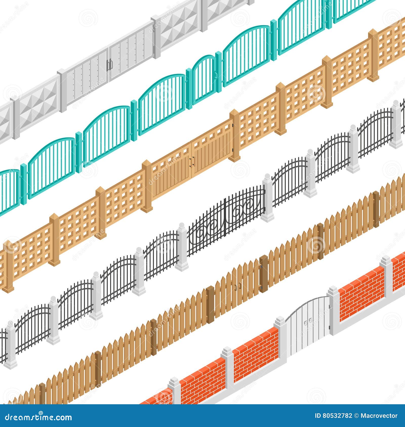 Fences and Gate Isometric Elements Stock Vector - Illustration of brick ...