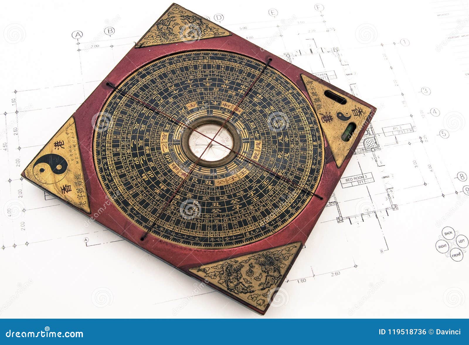 Feng shui compas on plans stock photo. Image of elements - 119518736