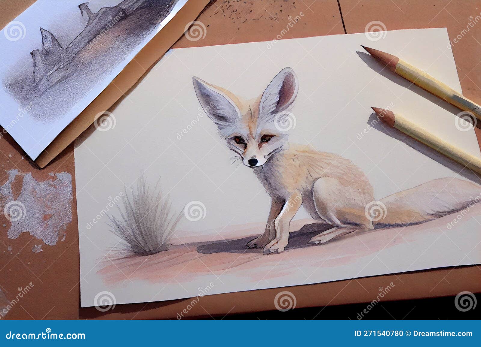 Fennec Fox Drawing with Bit of Watercolour Stock Illustration ...