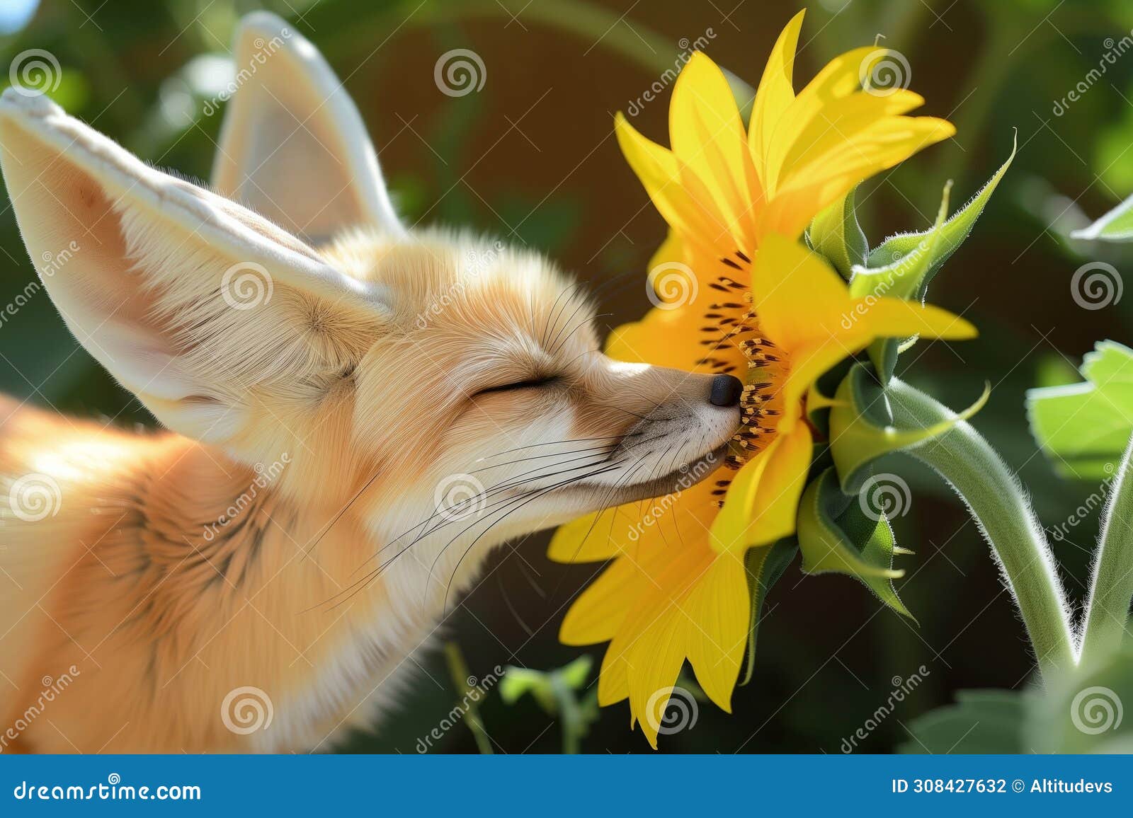 Fennec Fox with Its Nose in a Bright Sunflower Stock Photo - Image of ...