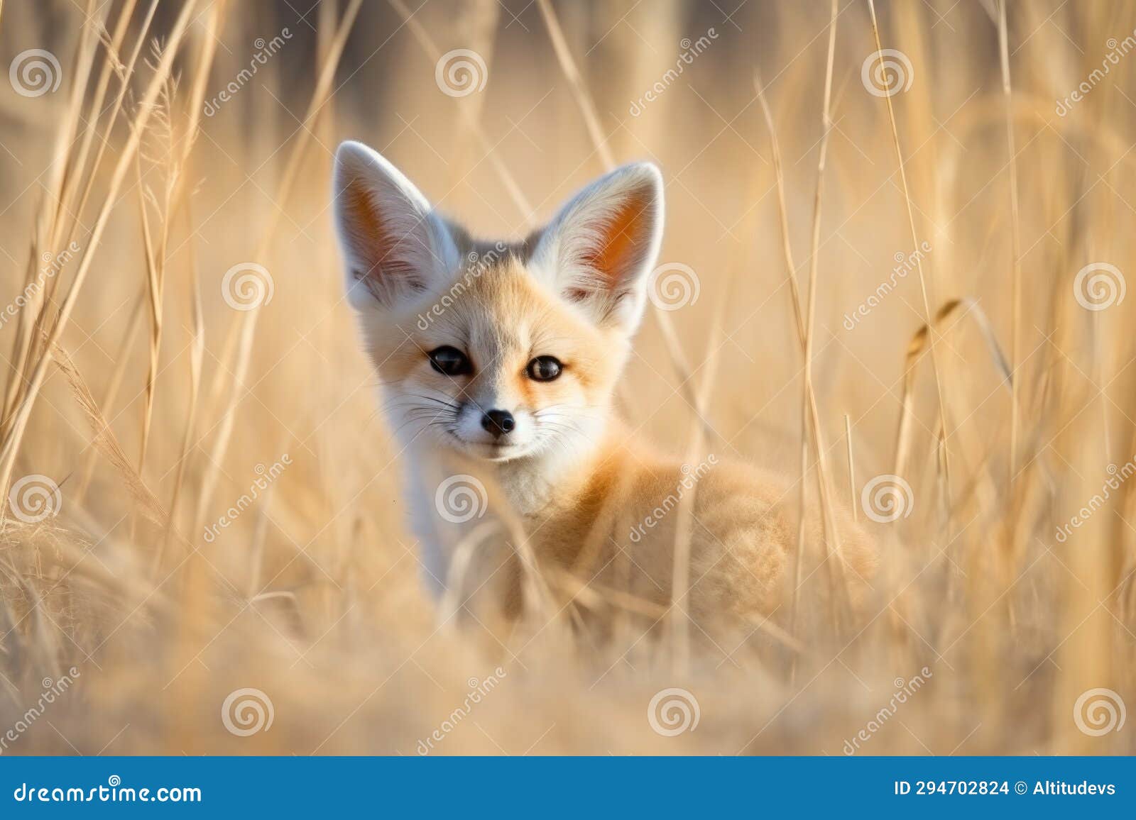 Fennec Fox Sitting Alert in Sparse Grass Stock Photo - Image of ...