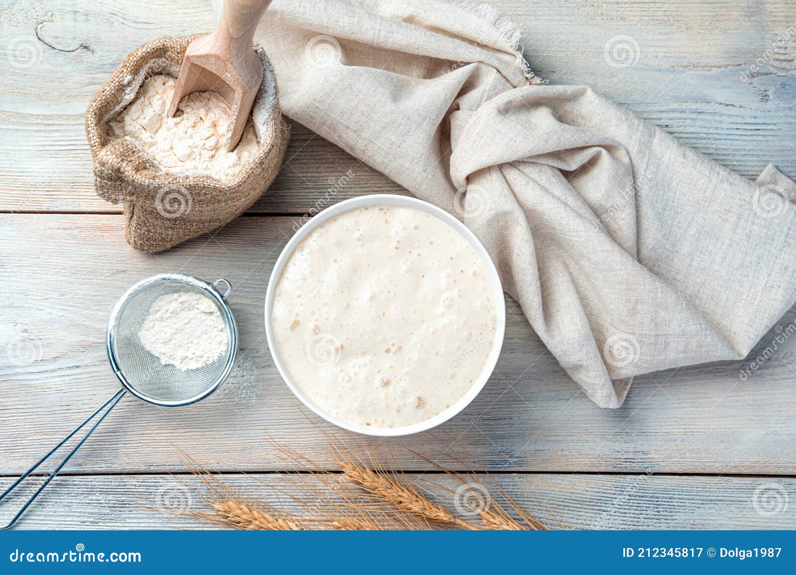 Fermentation of Bread. Wheat Sourdough and Flour on a Light Background ...