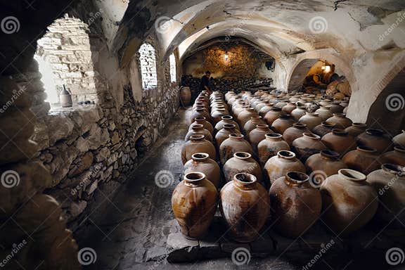 Fermentation of the Must in Earthenware Jars in a Stone Cellar. Stock ...