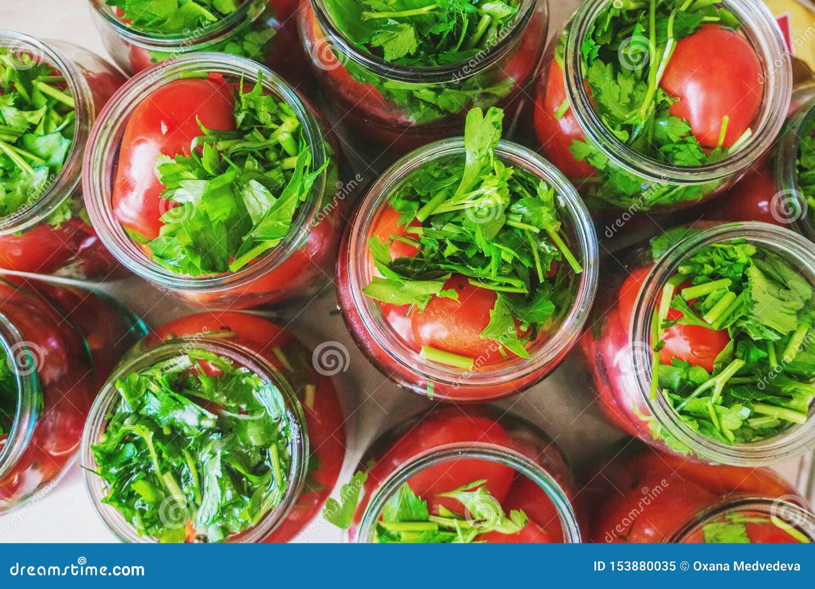 Fermentation of Tomatoes with Lots of Greens and Celery in Glass Jars ...