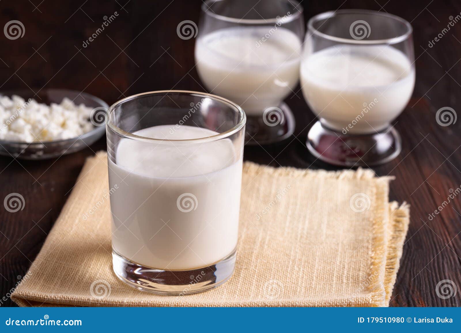 Fermented Drink Kefir in a Glass and Curd Cheese in Glass Bowl Stock ...