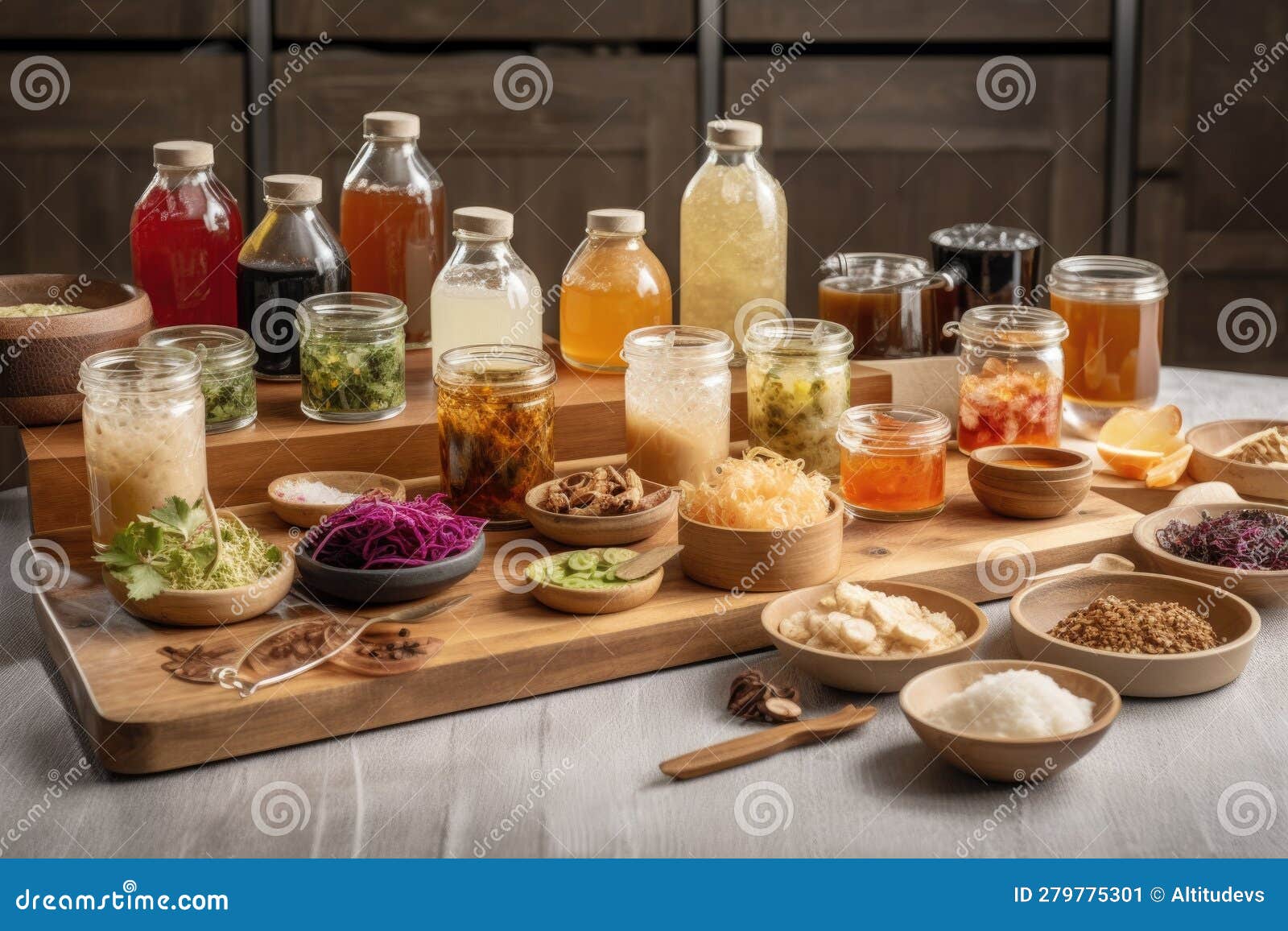 Fermented Foods and Drinks Tasting Table, with Different Flavors and ...
