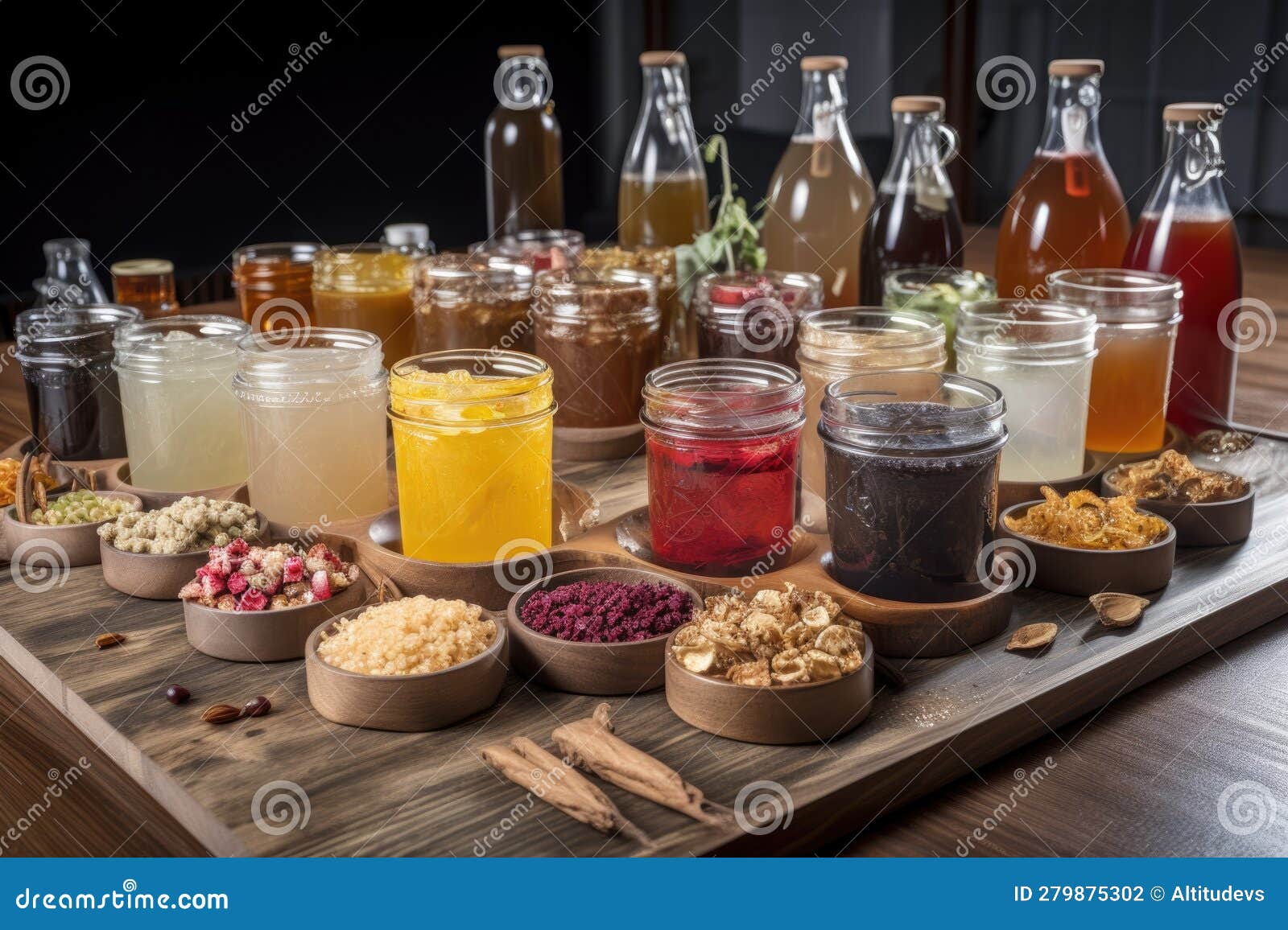 Fermented Foods and Drinks Tasting Table, with Different Flavors and ...