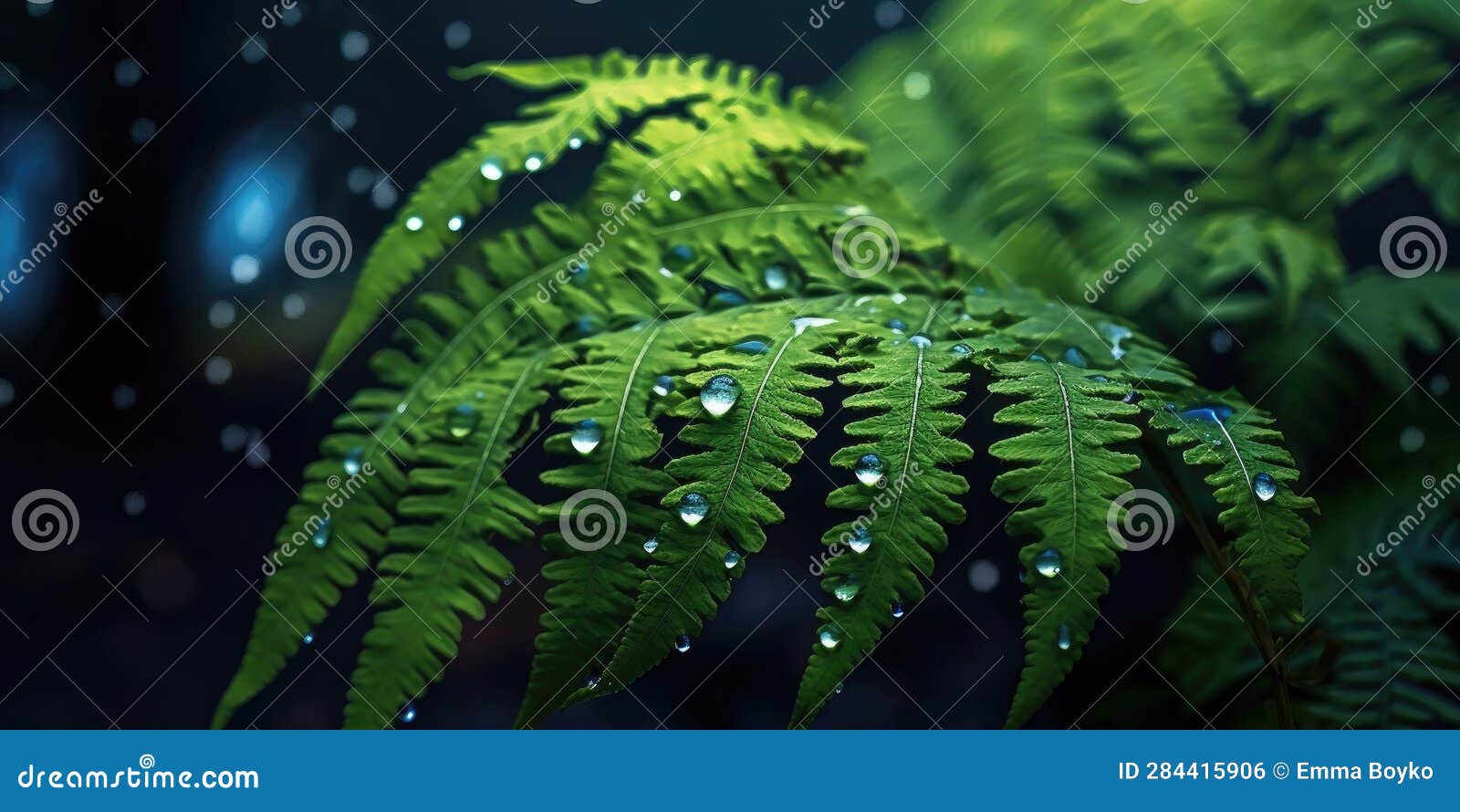 Fern Branch in Moonlight with Raindrops. Generative AI Stock ...