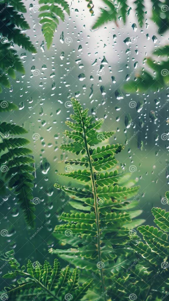 Fern Leaves with Raindrops on a Window Stock Photo - Image of botany ...