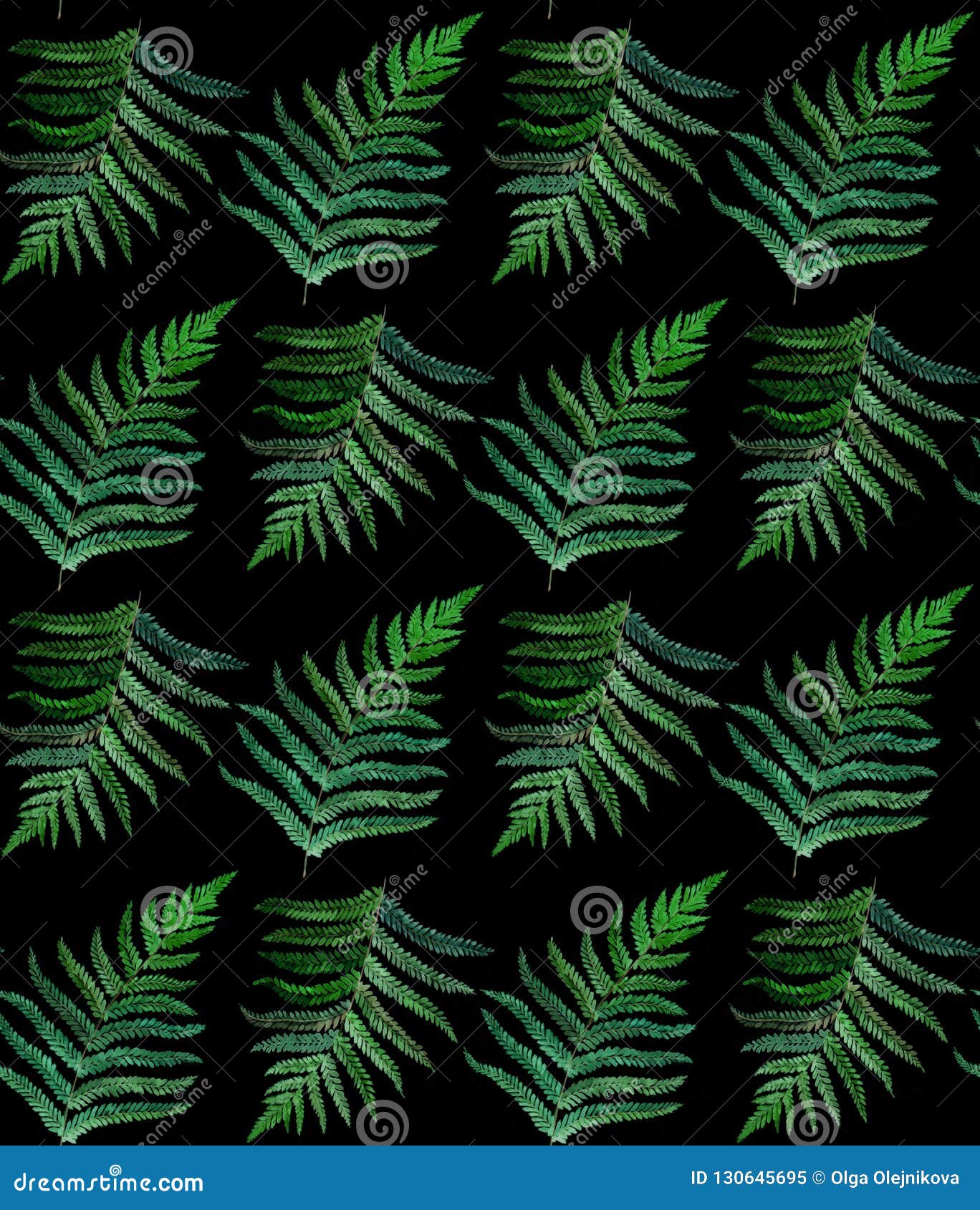 Fern Watercolor Seamless Pattern on Black Stock Illustration ...